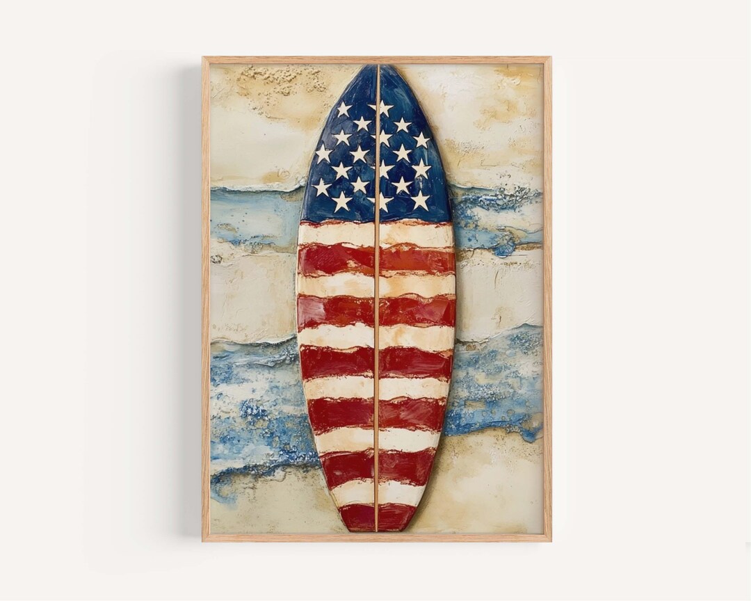 American Flag Surfboard Art Print: Patriotic Beach House Decor - Etsy