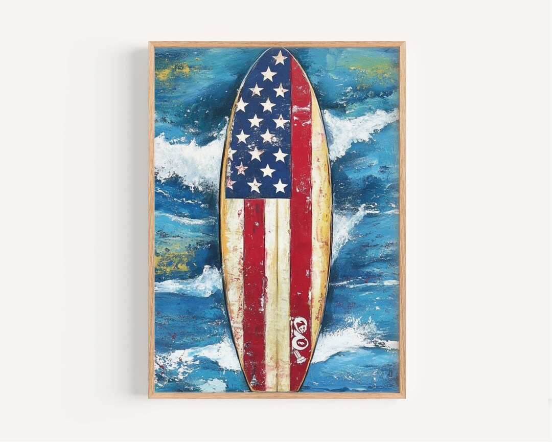 American Flag Surfboard Art Print: Patriotic Beach House Decor - Etsy