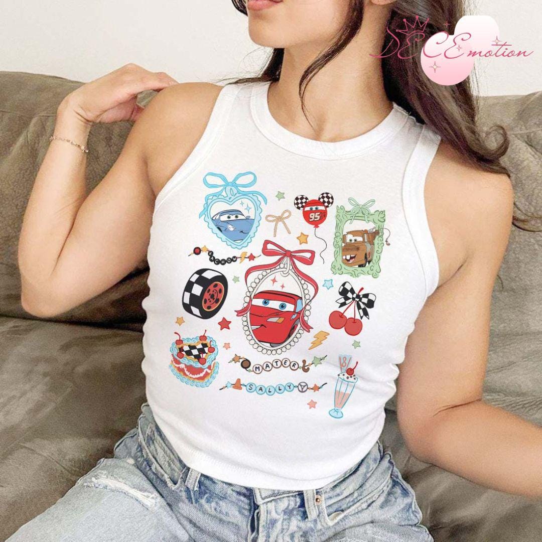 Girly Coquette Bow Disney Cars Crop Tank, Lightning Mcqueen Mater Sally ...