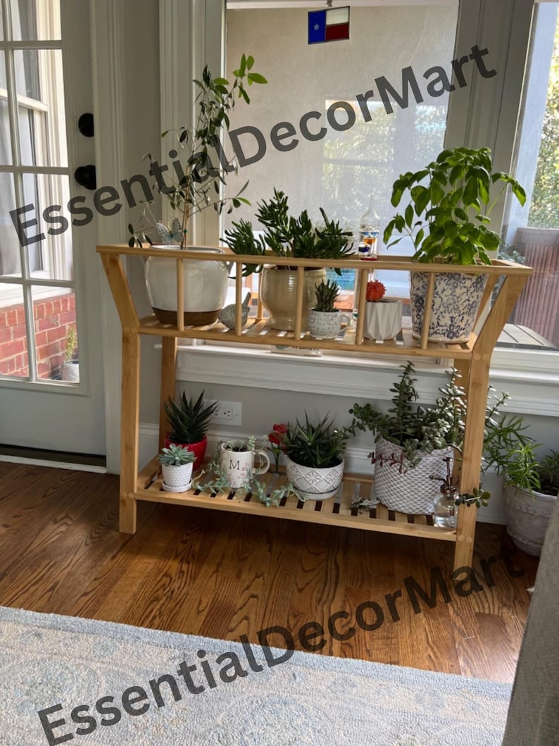 Bamboo 2-tier Plant Stand | Indoor Plant Shelf & Side Table - Etsy