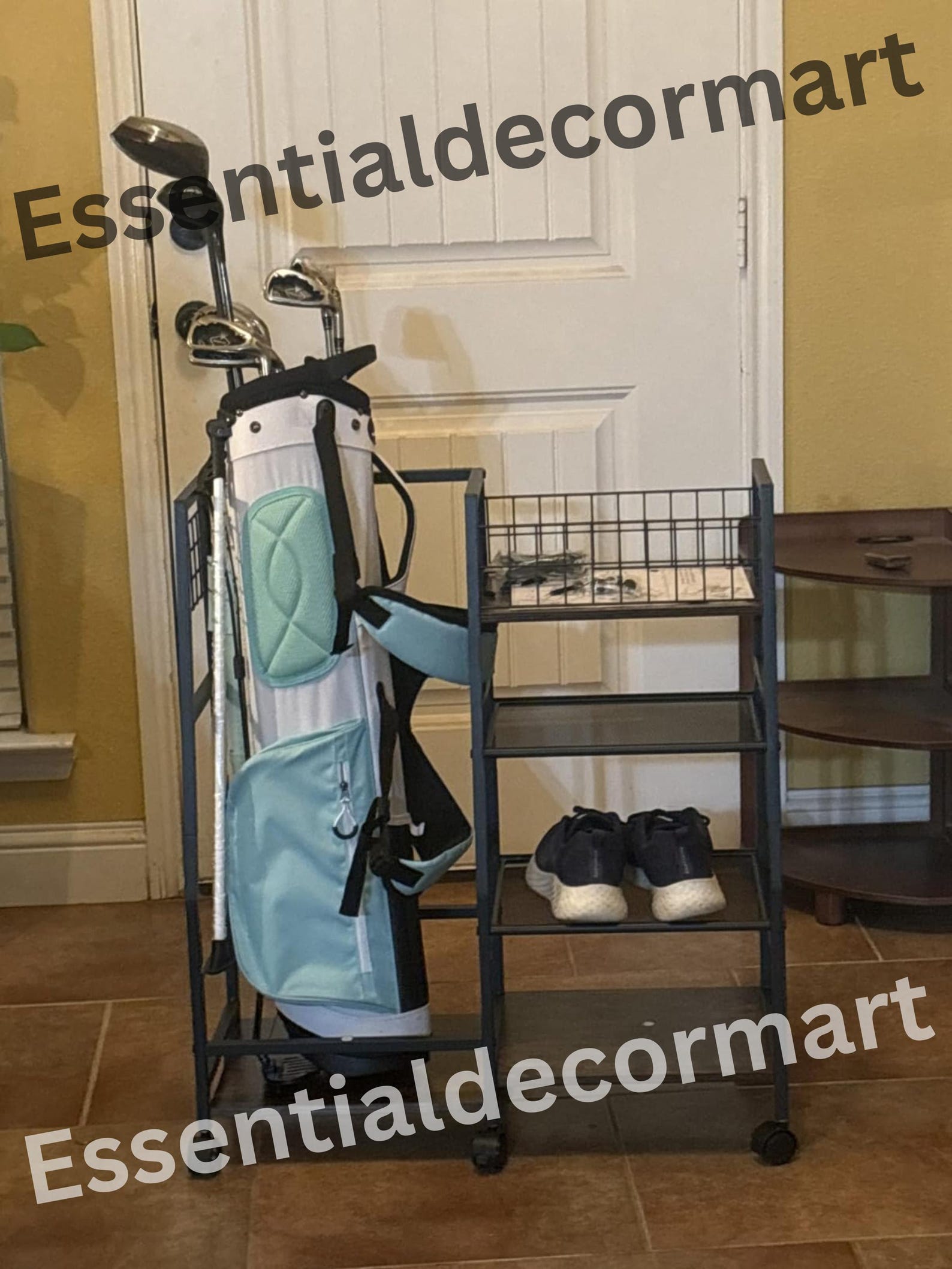 Metal Single Golf Bag Storage Rack With Wheels & 4 Hooks | Shoe Storage ...