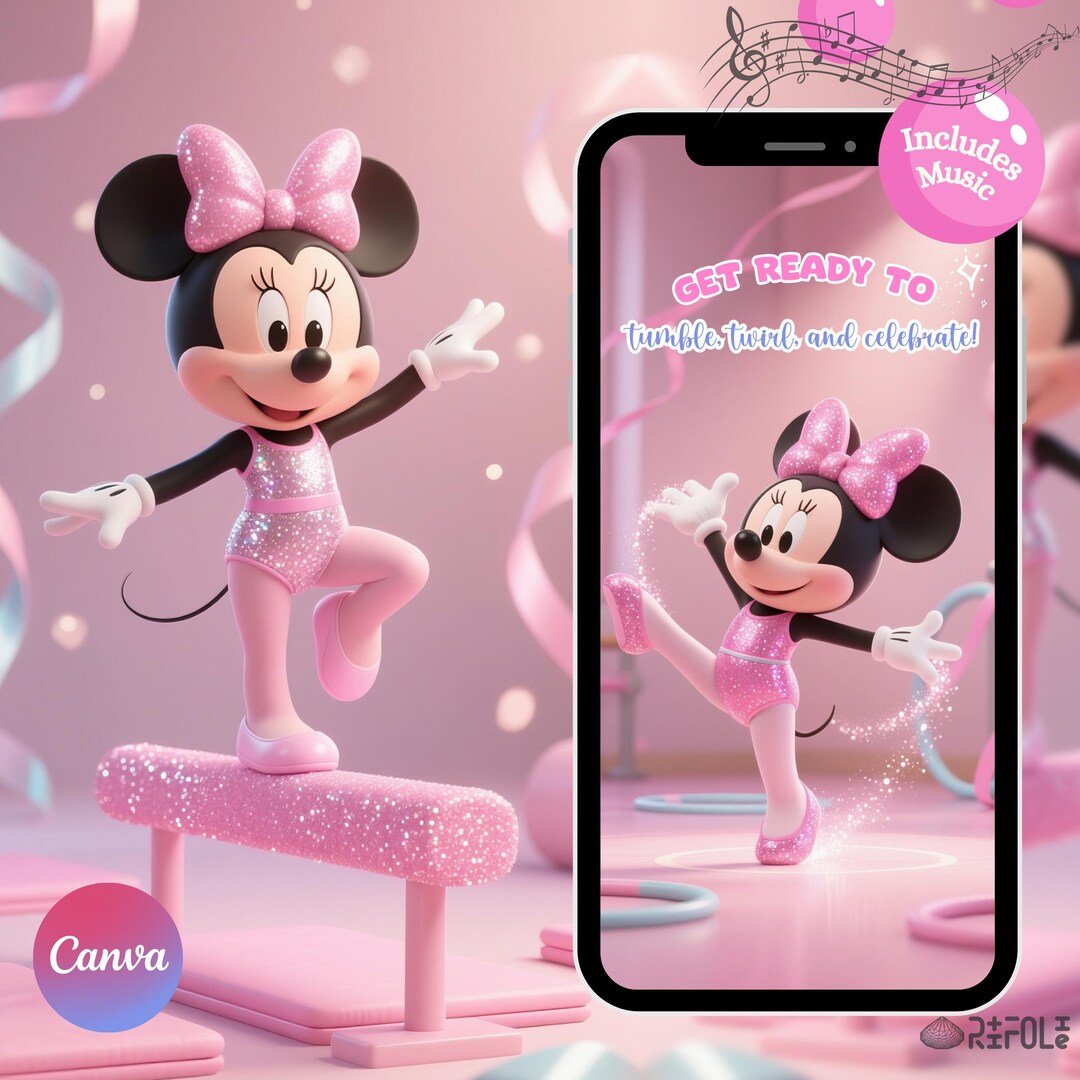 Minnie Mouse Gymnastics Birthday Video Invitation: Pink Glitter Bow ...