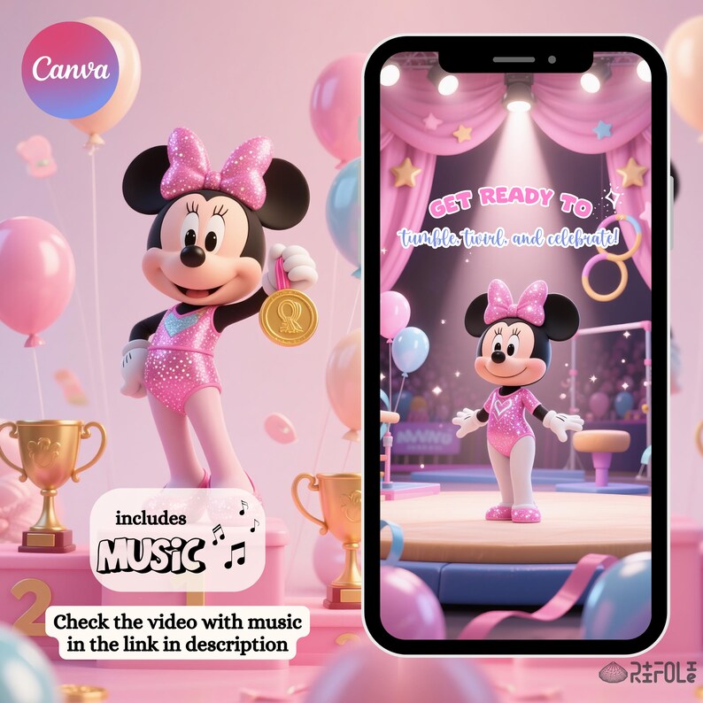 Minnie Mouse Gymnastics Birthday Video Invitation: Pink Glitter Bow ...