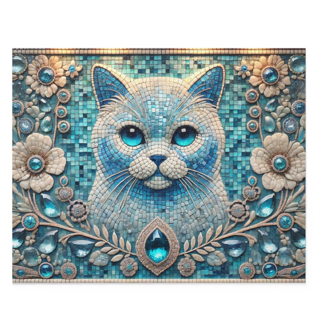 Jewel Mosaic Tile Blue-cat Adorned With Azure Gems-puzzle Gift, for ...