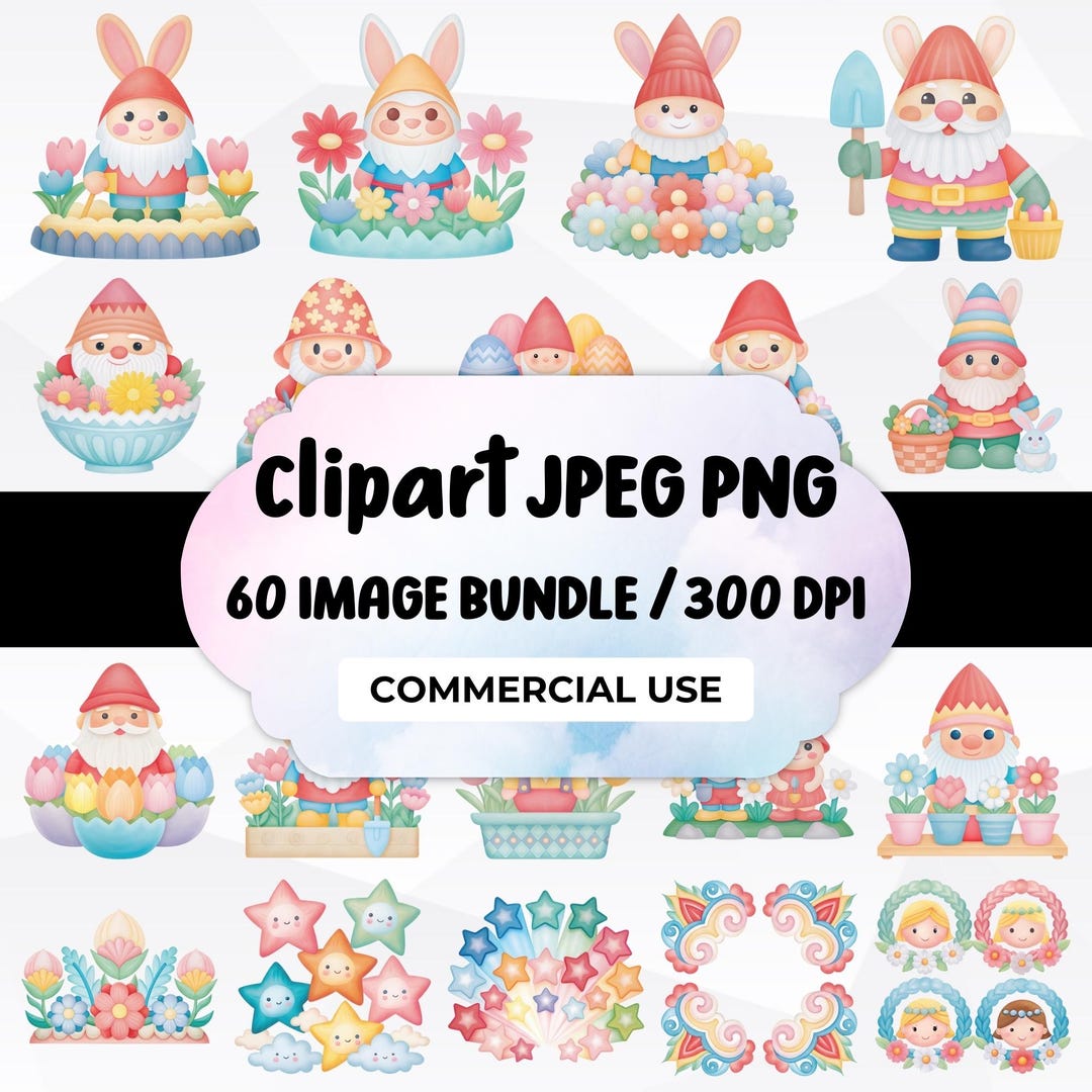 Pastel Easter Gnome Clipart PNG Bundle – 60 Cute Watercolor Spring ...