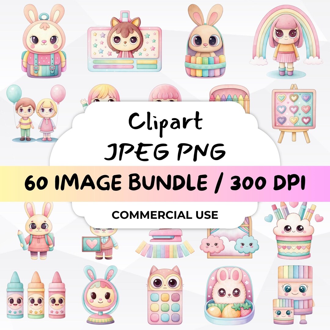 Kawaii School Clipart Bundle JPEG PNG | 60 Cute Classroom Graphics for ...
