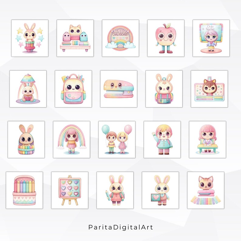 Kawaii School Clipart Bundle JPEG PNG | 60 Cute Classroom Graphics for ...