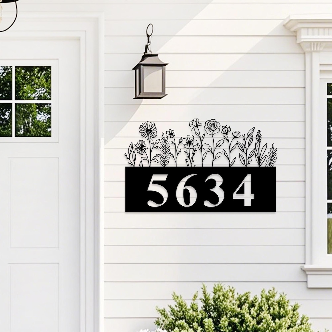 Custom Metal Adress Sign,modern House Number Sign,floral Address Plaque ...