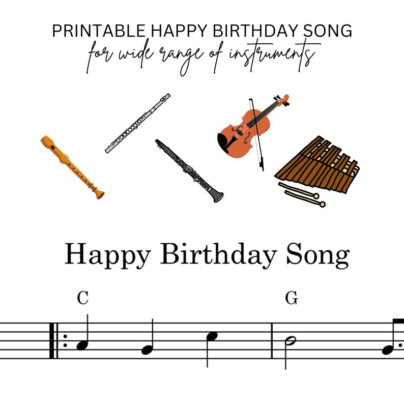 Happy Birthday Song, Digital Print at Home Sheet, for Flute, Violin ...