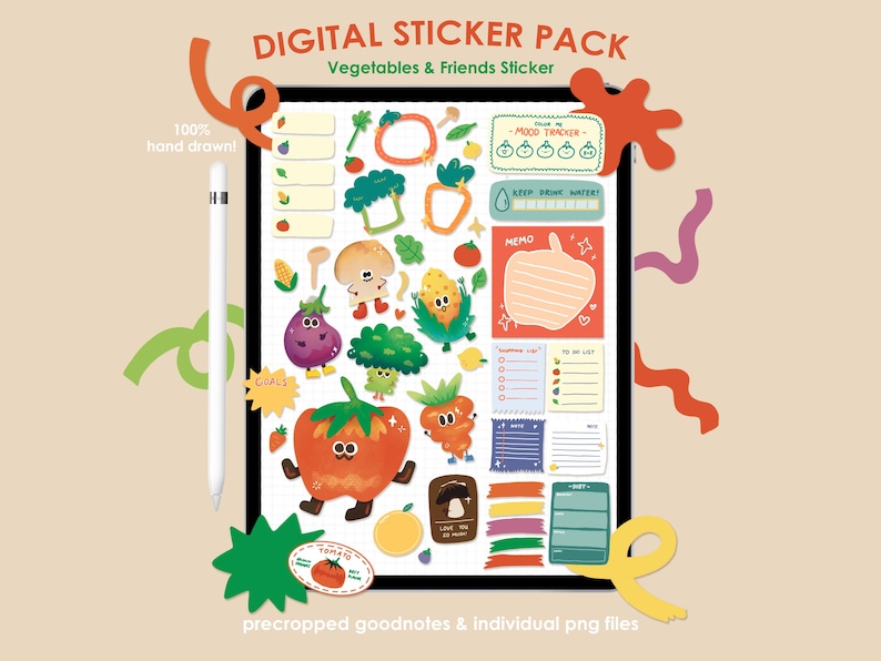 Vegetables &amp; Friends Digital Sticker Pack L Digital Planner Stickers L ...