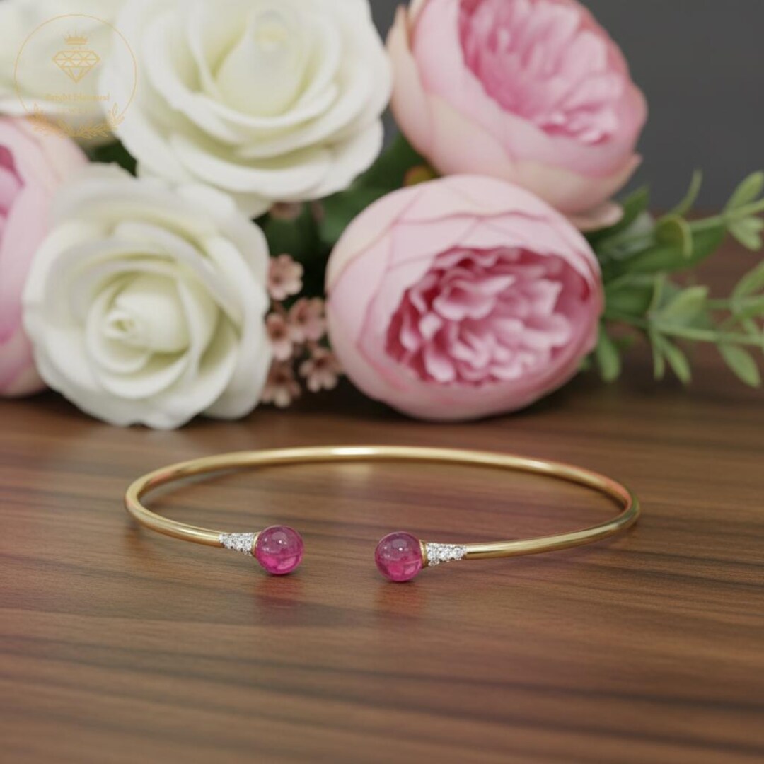 Charming Cherry Gemstone Bracelet 14K Solid Gold Ruby Cabochons Set ...