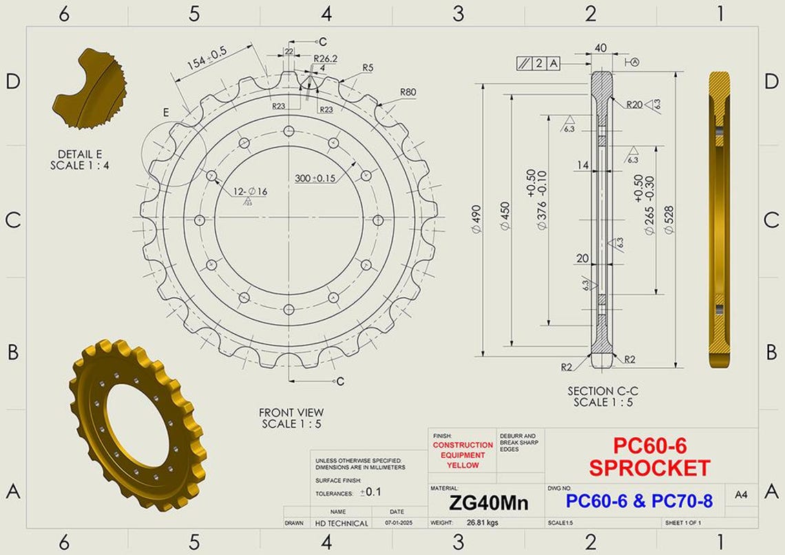 PC60-6 Sprocket A4 Technical Drawing Engineer Design Blueprint High ...