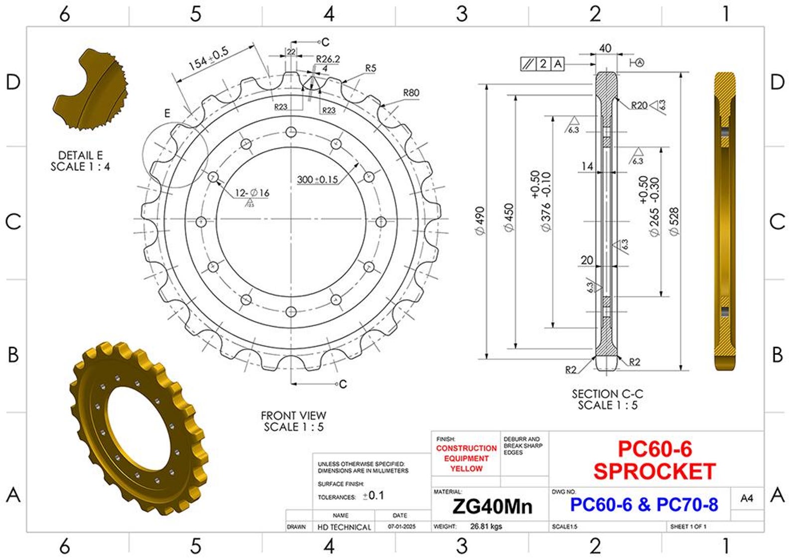 PC60-6 Sprocket A4 Technical Drawing Engineer Design Blueprint High ...