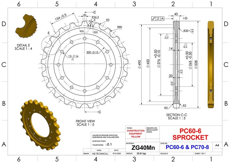 PC60-6 Sprocket A4 Technical Drawing Engineer Design Blueprint High ...