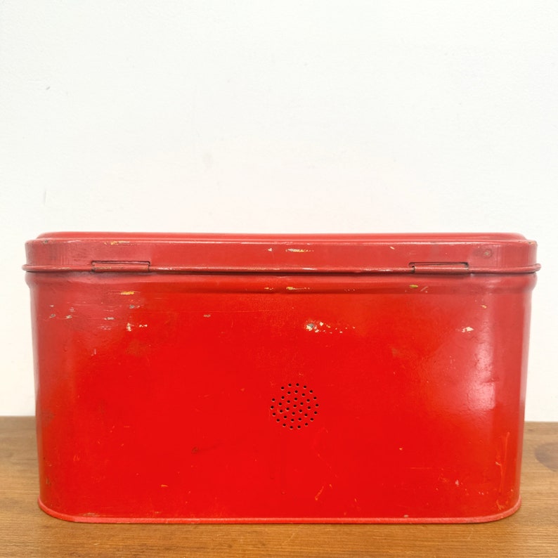 Vintage Metal Bread Box | 1940s Painted Red Storage Box With Hinged Lid ...