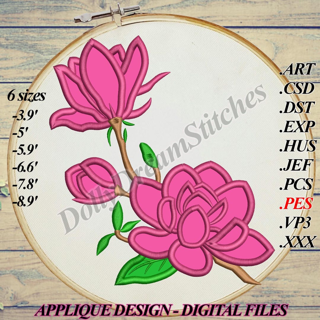 Magnolia APPLIQUE, Magnolia Flowers Embroidery Design, 6 Sizes, Instant ...