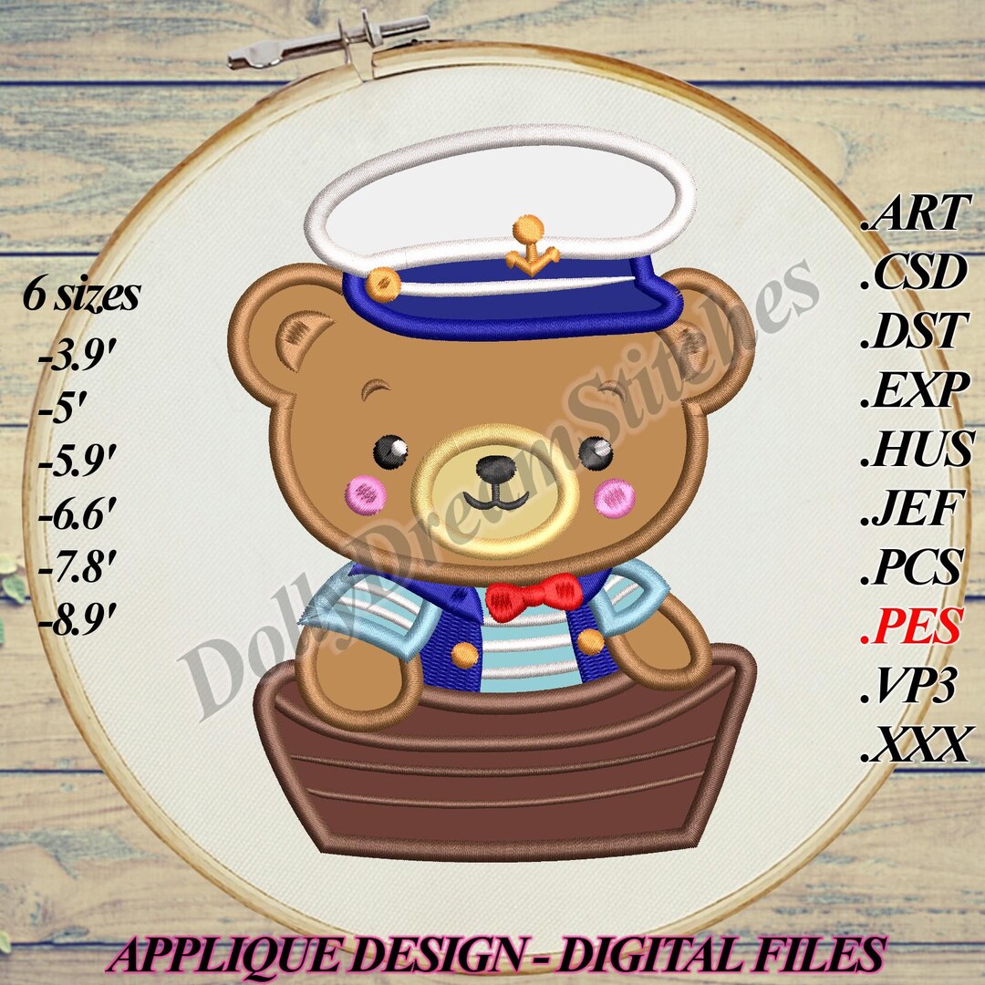 Sailor Bear APPLIQUE, Captain Bear Embroidery Design, 6 Sizes, Instant ...