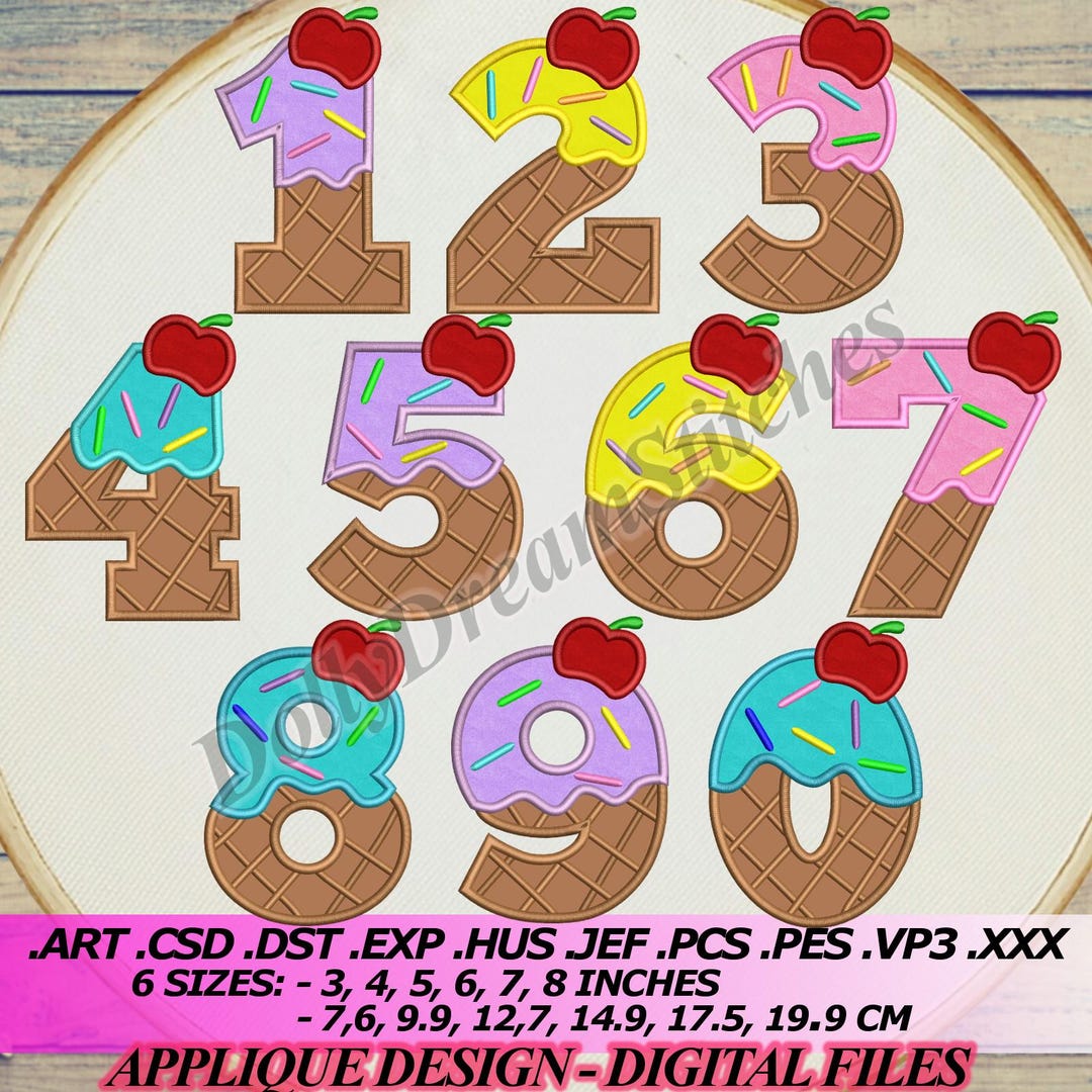 Birthday Numbers APPLIQUE, Ice Cream Cherry Waffle Embroidery Design, 6 ...