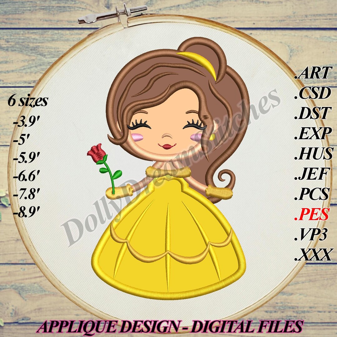 Princess APPLIQUE, Belle Embroidery Design, 6 Sizes, Instant Download ...