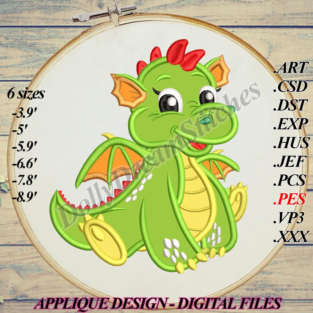 Cute Dragon APPLIQUE, Baby Dragon Embroidery Design, 6 Sizes, Instant ...