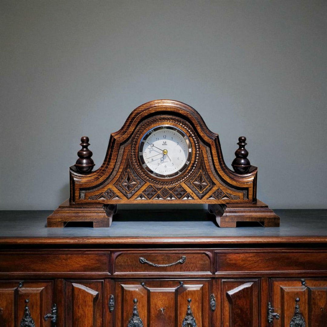 Handmade Walnut Mantel Clock: Artistic Carvings, Silent Movement - Etsy