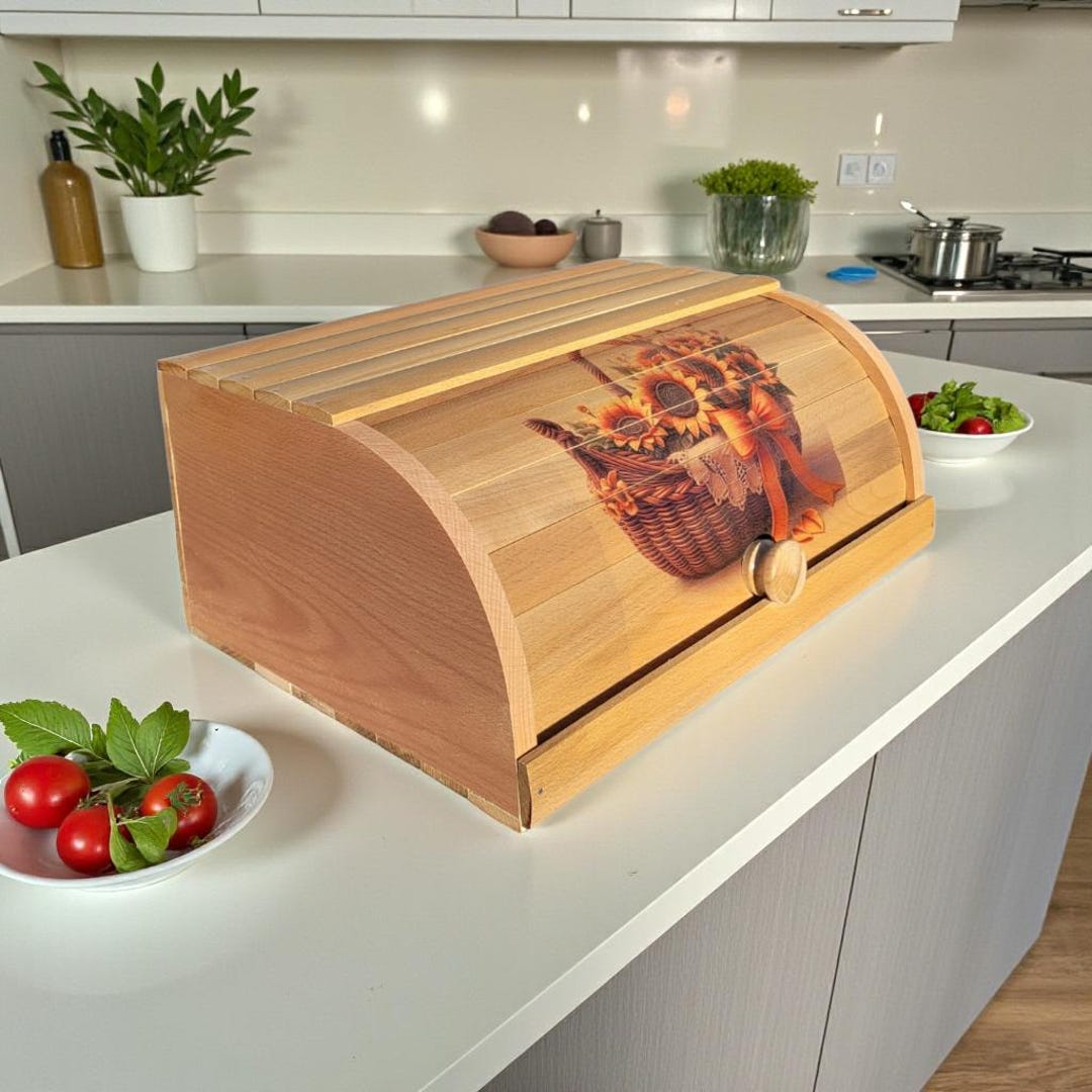 Handmade Wooden Bread Box With Sunflower Design – Solid Beech Wood ...