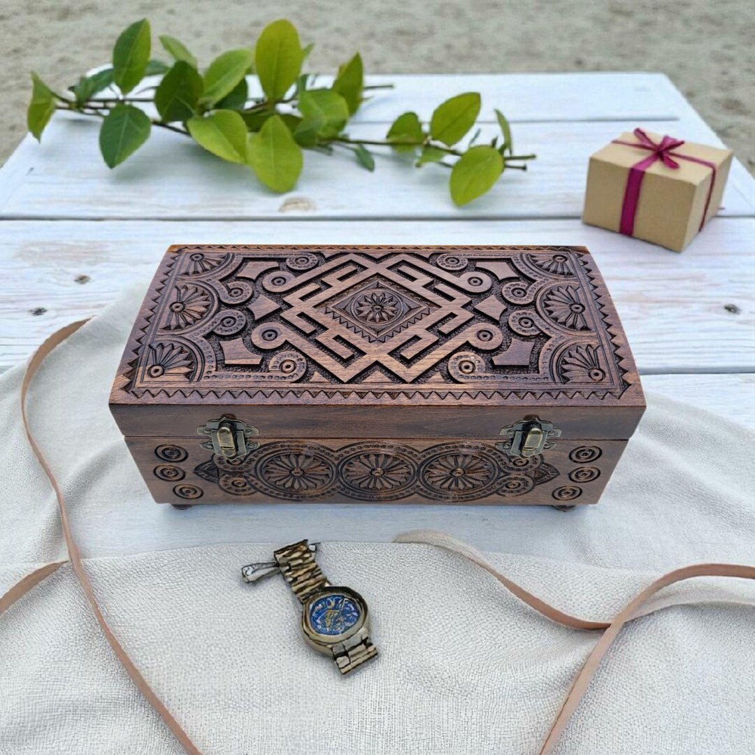 Handmade Wooden Watch Box for 3 Watches – Carved Walnut Chest, Unique ...
