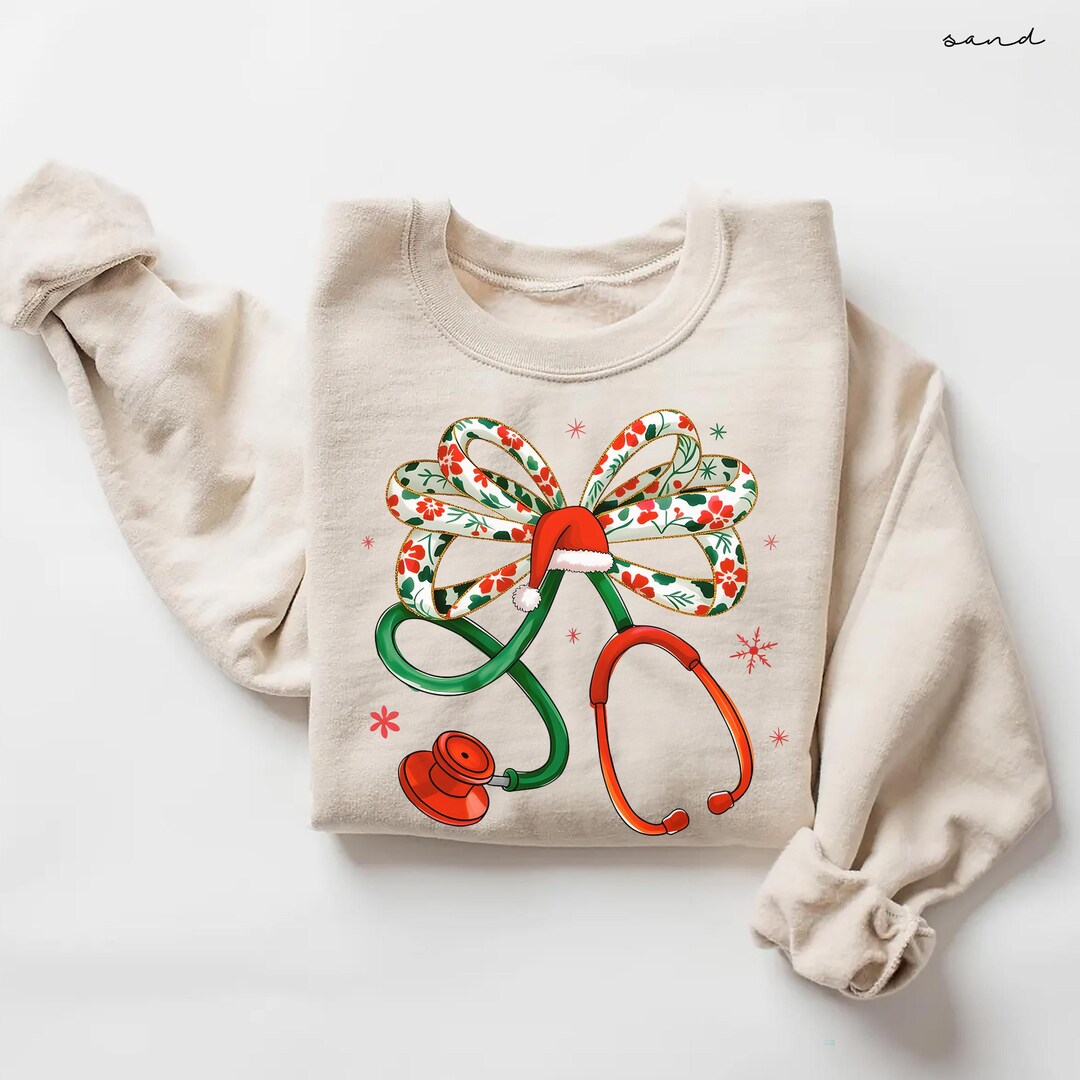 Candy Cane Stethoscope Sweatshirt, Nurse Christmas Bow Sweater, Festive ...