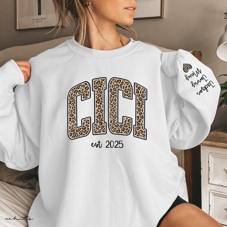 Custom Leopard Cici Sweatshirt With Kid Name on Sleeve, Personalized ...
