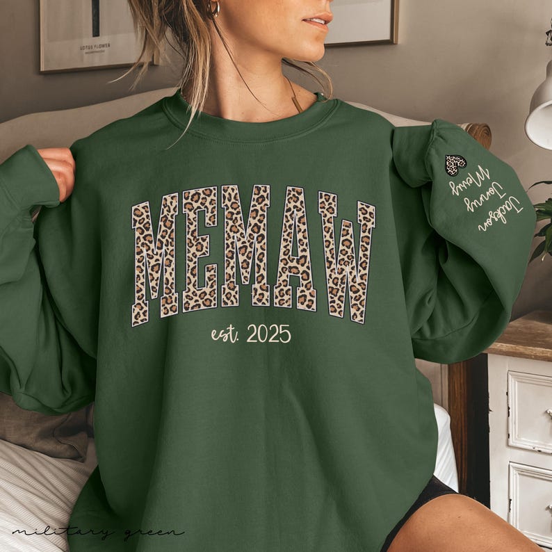 Custom Leopard Memaw Sweatshirt With Kid Name on Sleeve, Personalized ...