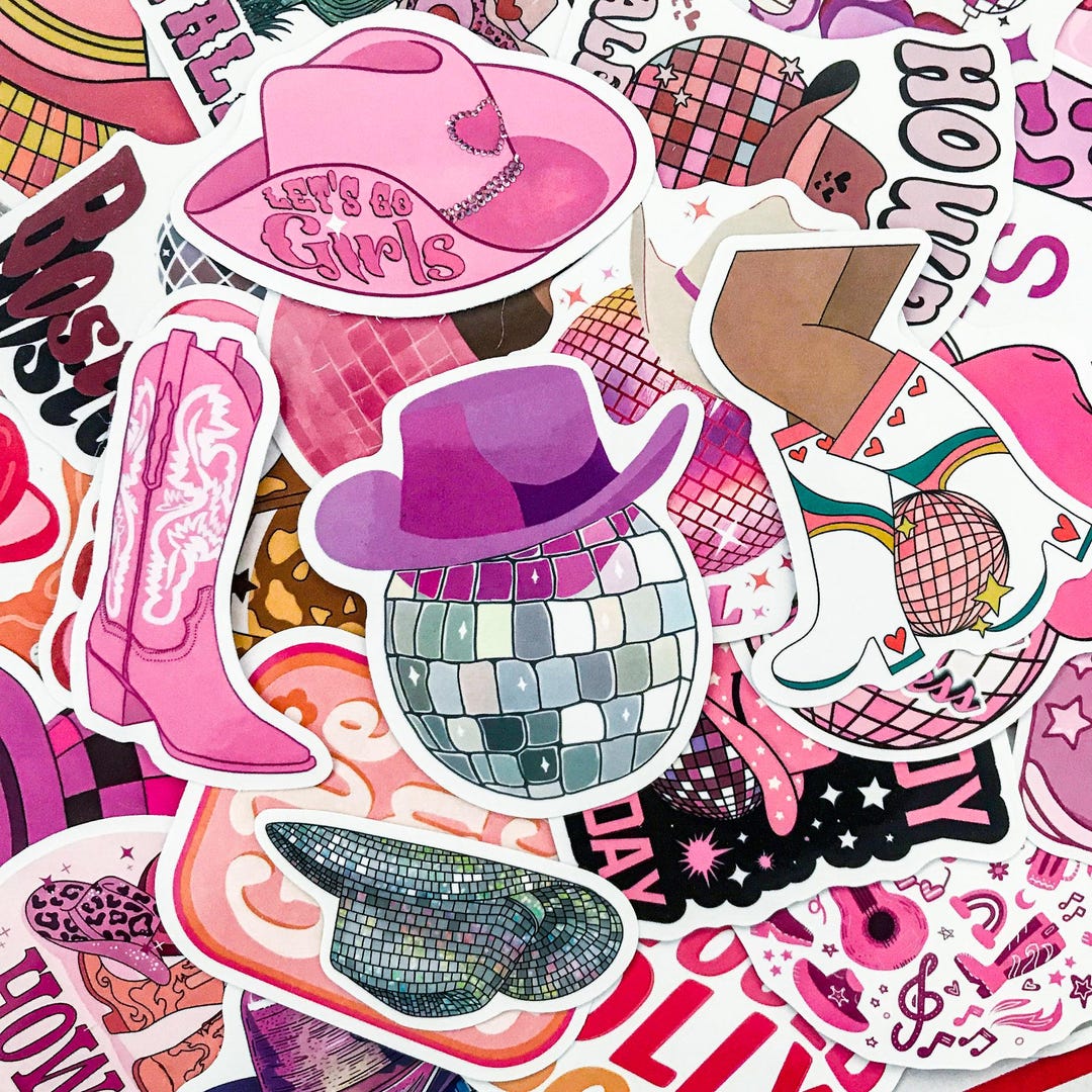50 Random Pink Cowgirl Stickers, Retro Western Disco Theme Stickers ...