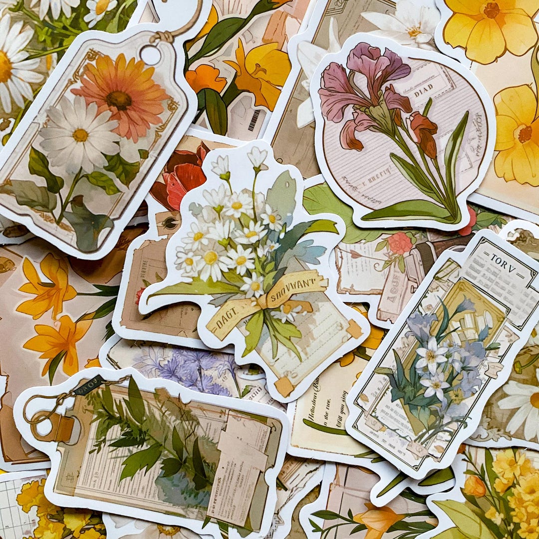50PCS Random Retro Flower Stickers, Nature Aesthetic Stickers, Plant ...