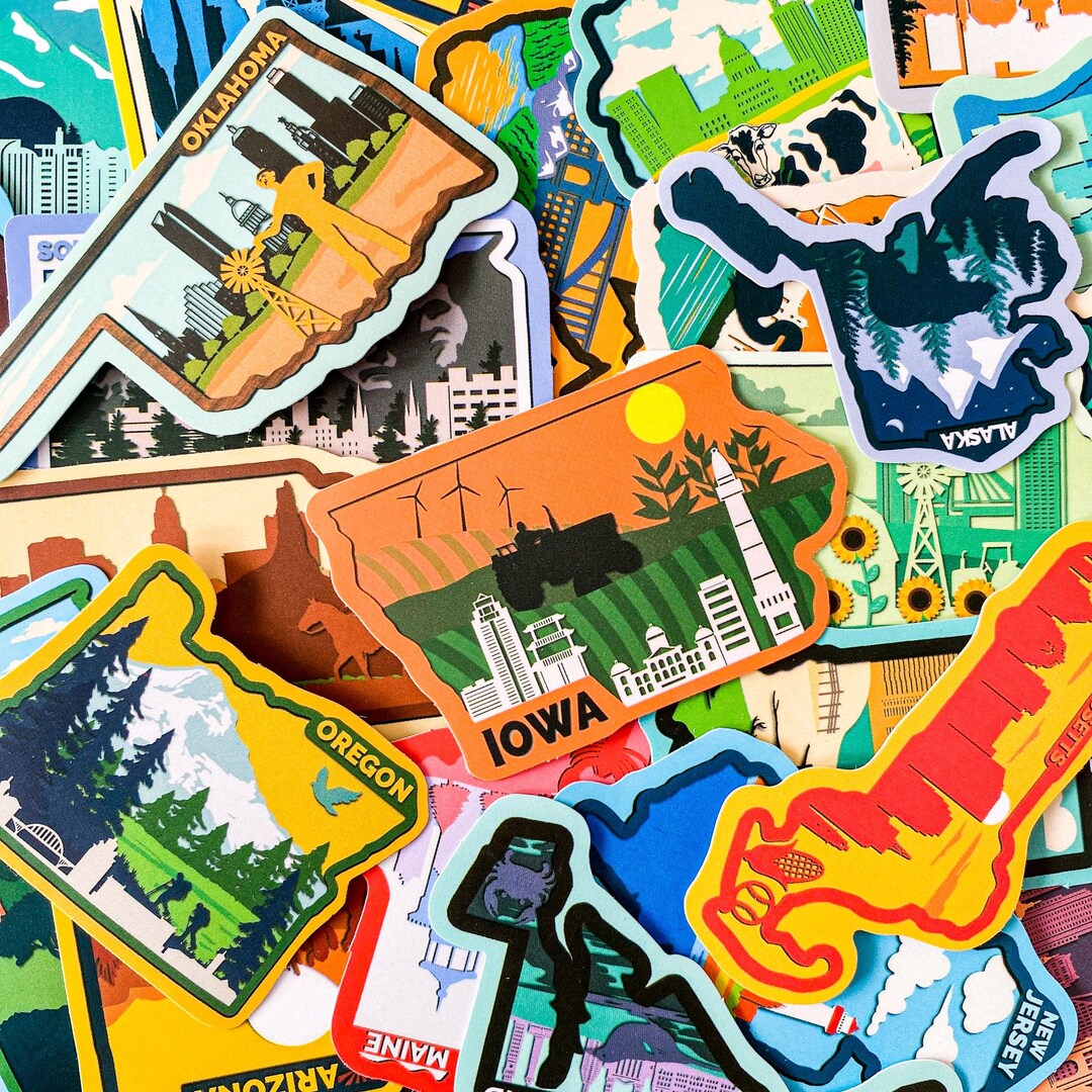 50 Random US State Outline Stickers, USA National Park and City ...