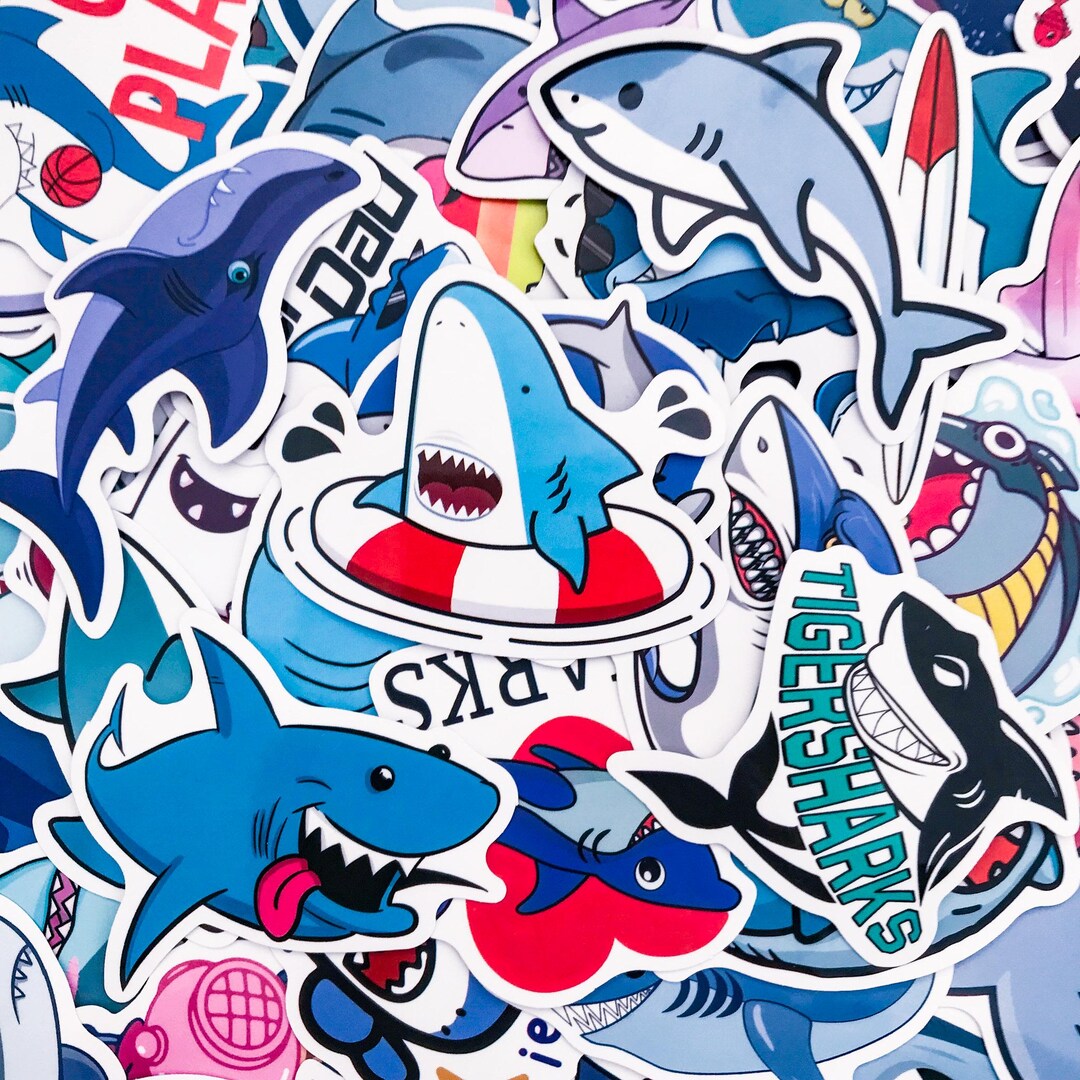 50 Random Cute Shark Stickers, Fun Cartoon Stickers for Kids, Kawaii ...