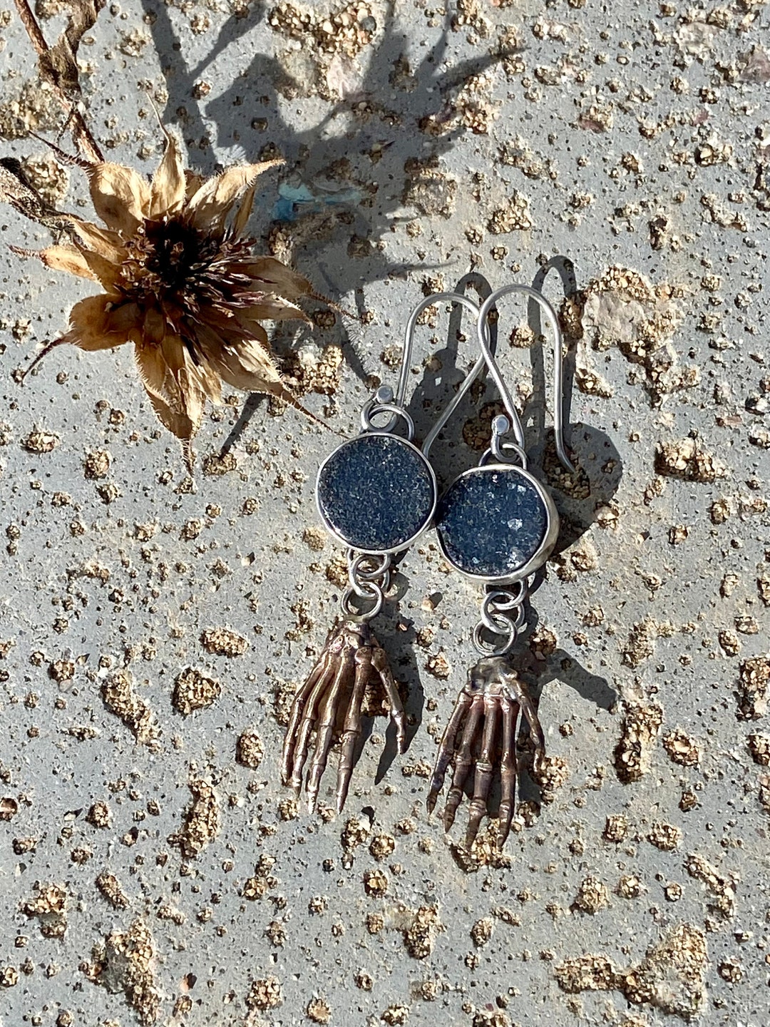 Skeleton Hands Earrings, Handmade Black Druzy Dangles , Handmade ...