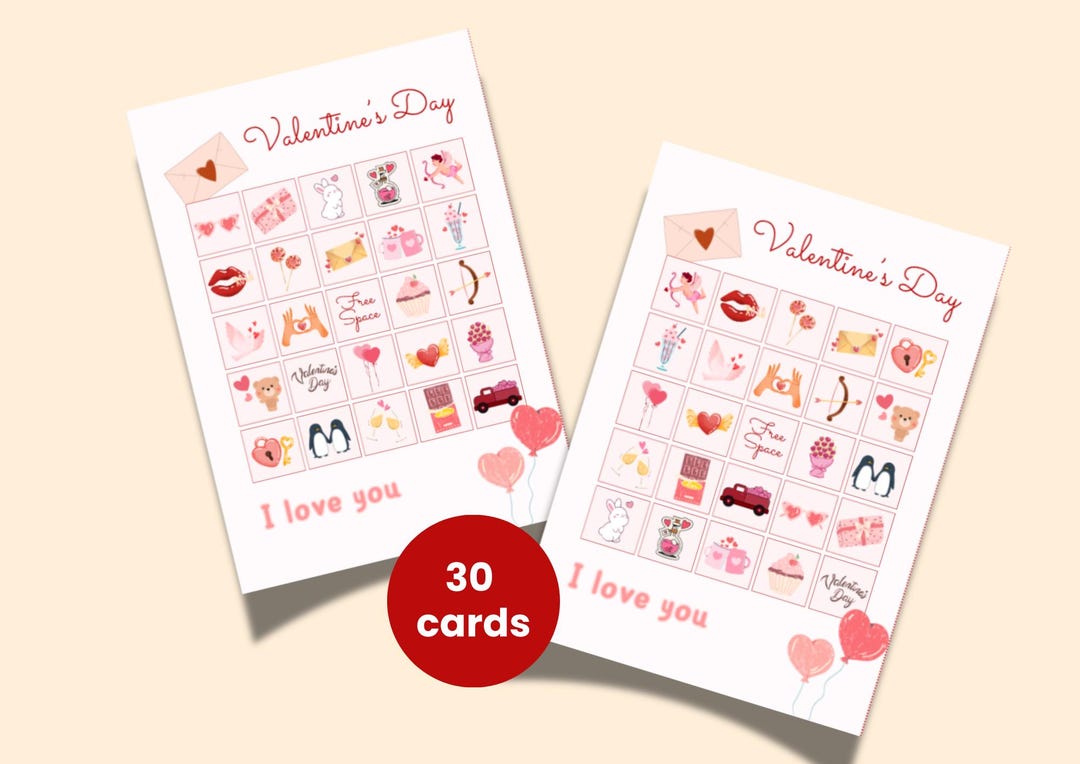 30 Valentine's Bingo Cards | Printable Valentine's Day Party Game | A5 ...