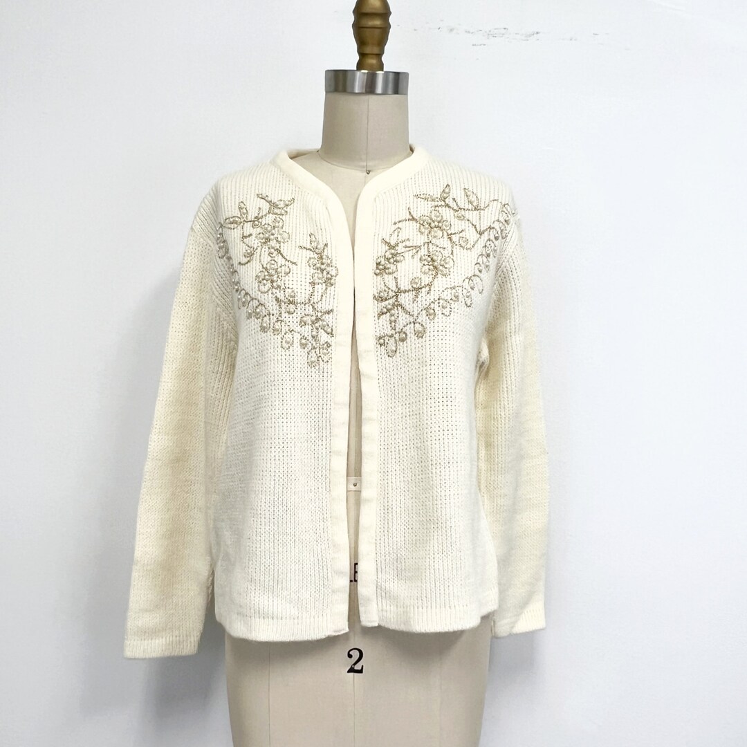 Vintage Beaded Cardigan Sweater 70s Ivory Cardi With Pearls and Gold ...