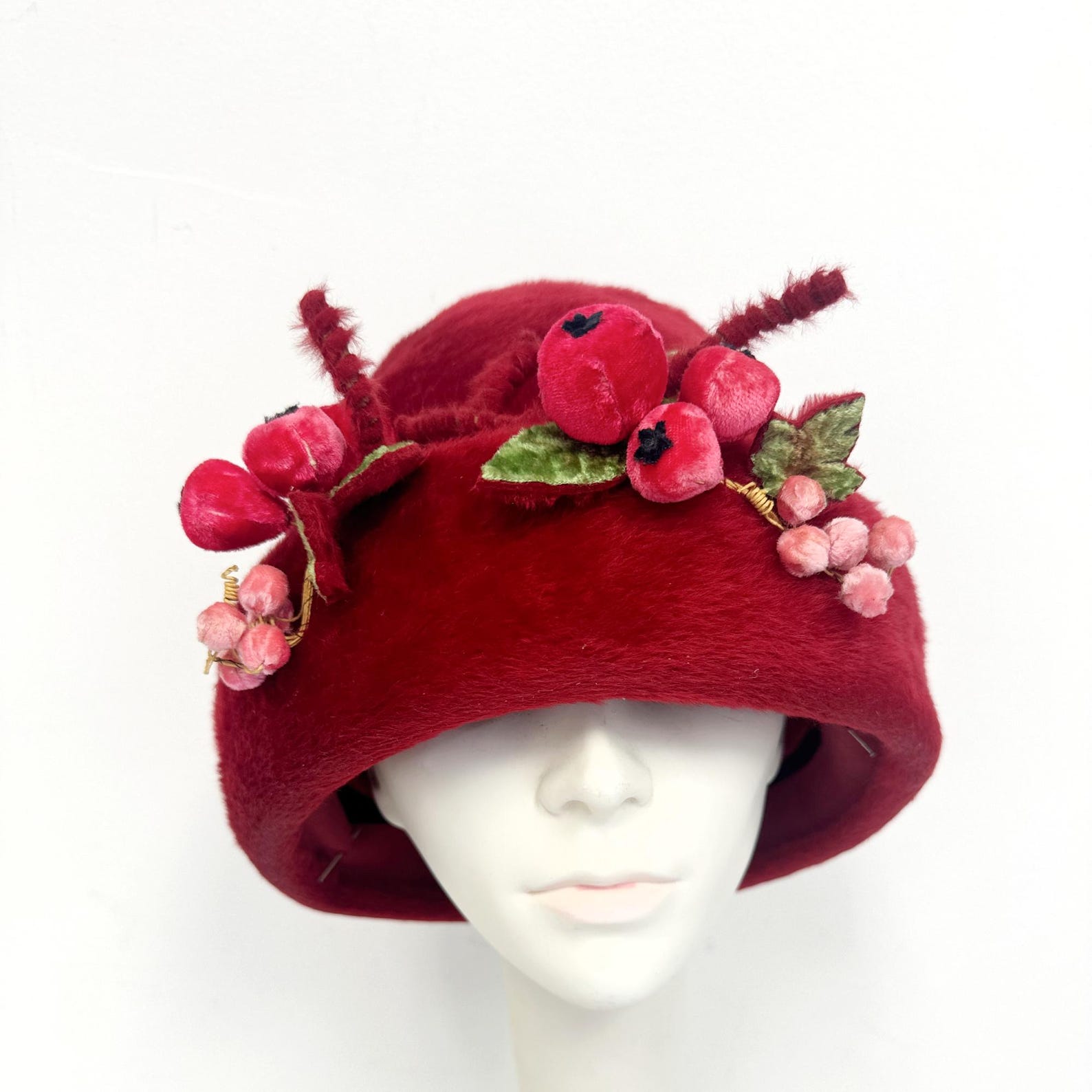 Vintage Red Cloche Hat | 1930s Faux Fur With Velvet Berries - Etsy