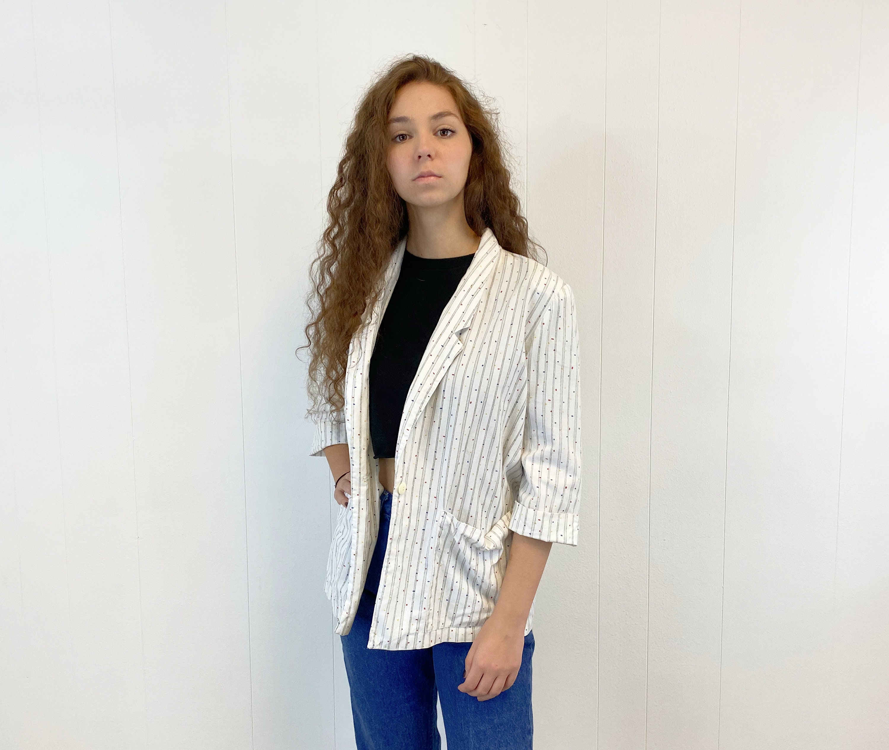 80s Boxy Blazer With Shoulder Pads and Pockets Spots and Stripes Size ...