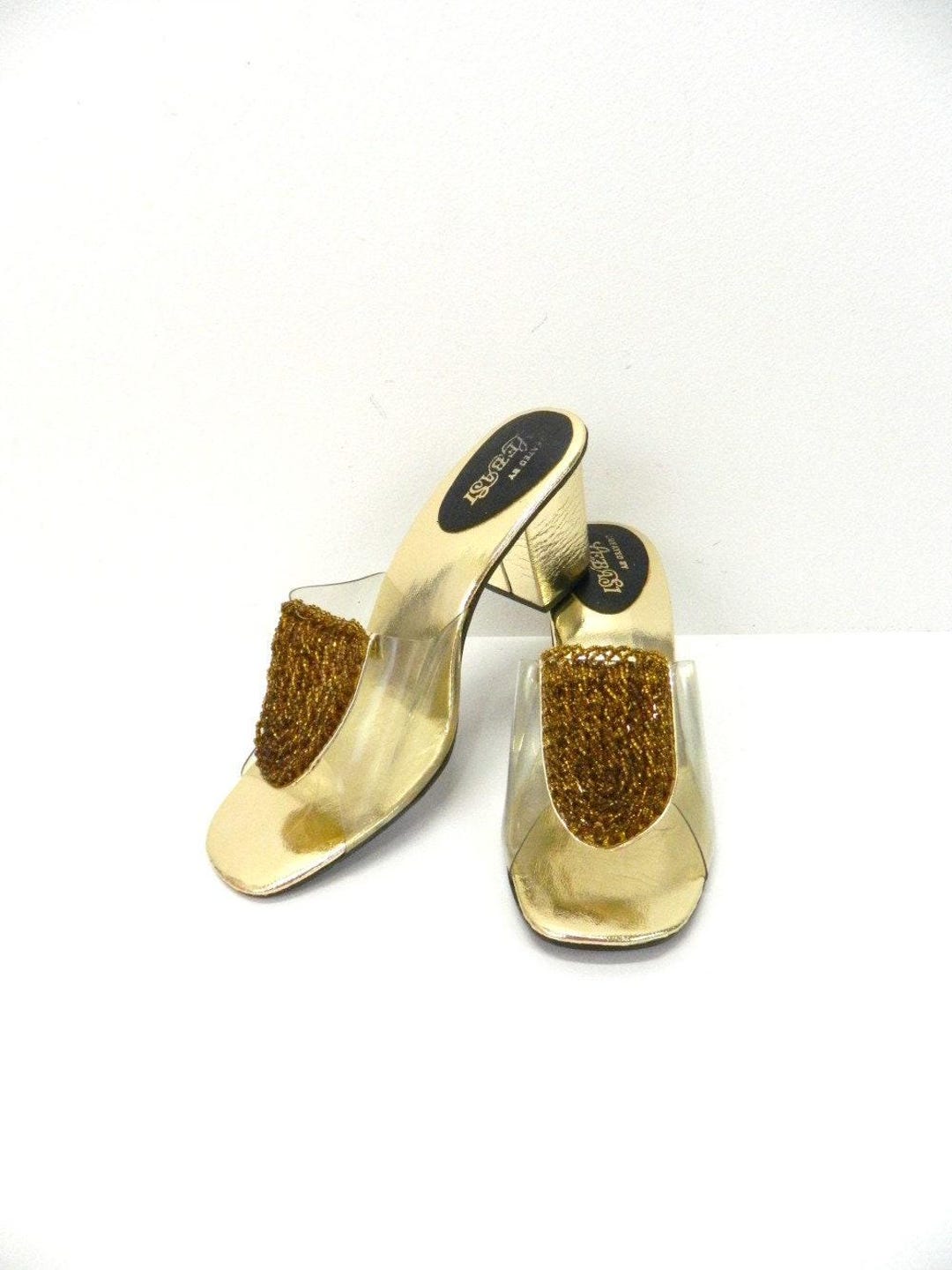 1960s Clear Vinyl Mules: Gold Beads & Lame Heels, Size 7 - Etsy