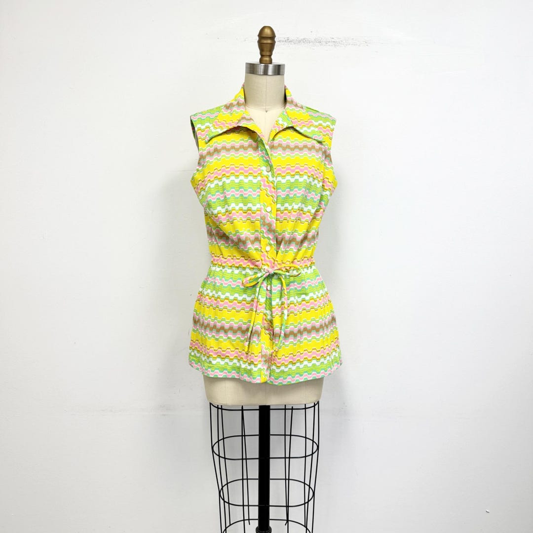 Vintage 60s Tie Waist Top | Striped Collared Shirt | Size Small Mediuum ...
