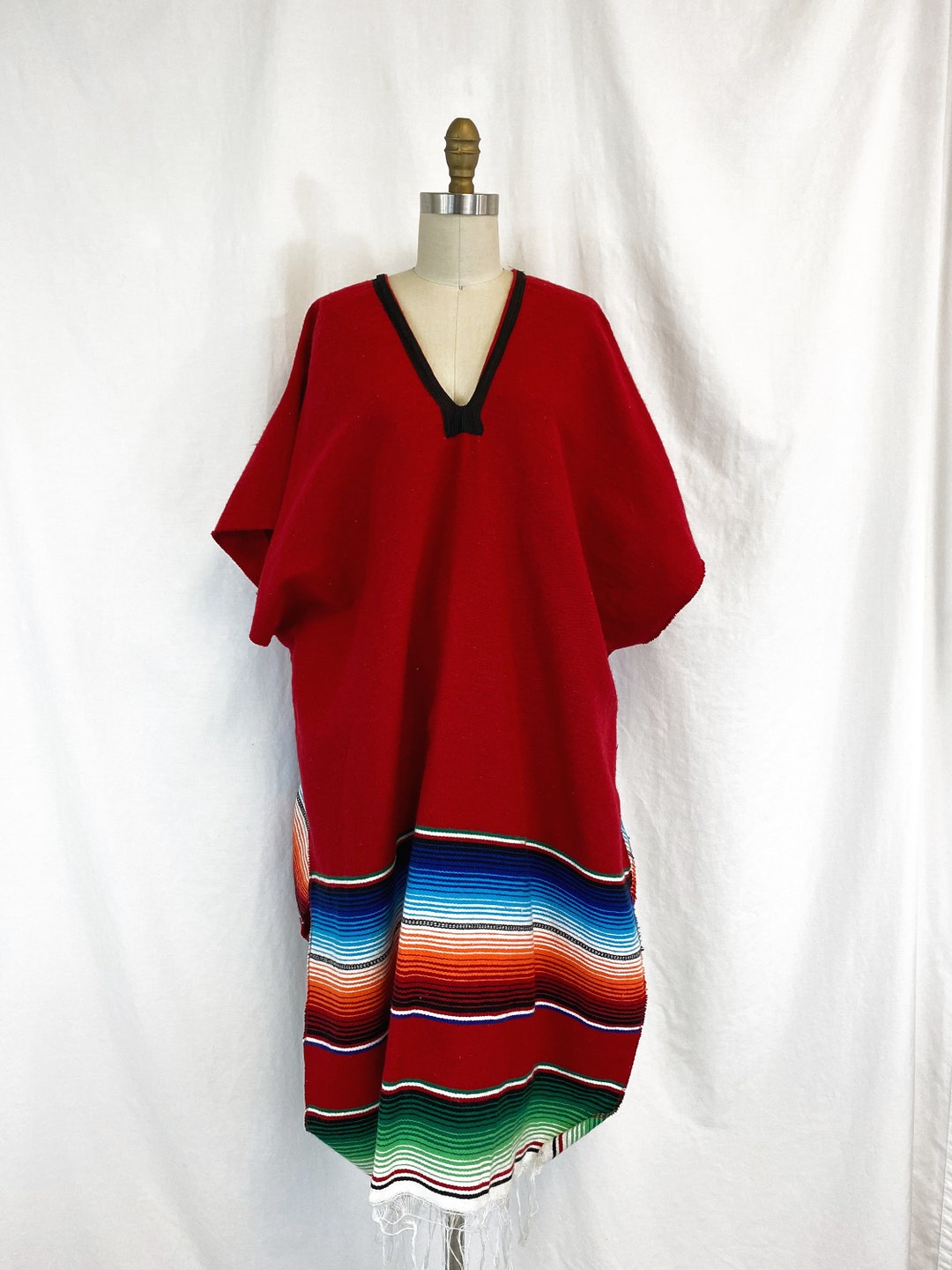 Vintage 70s Serape Poncho | Red With Multi Color Stripe Poncho | One ...