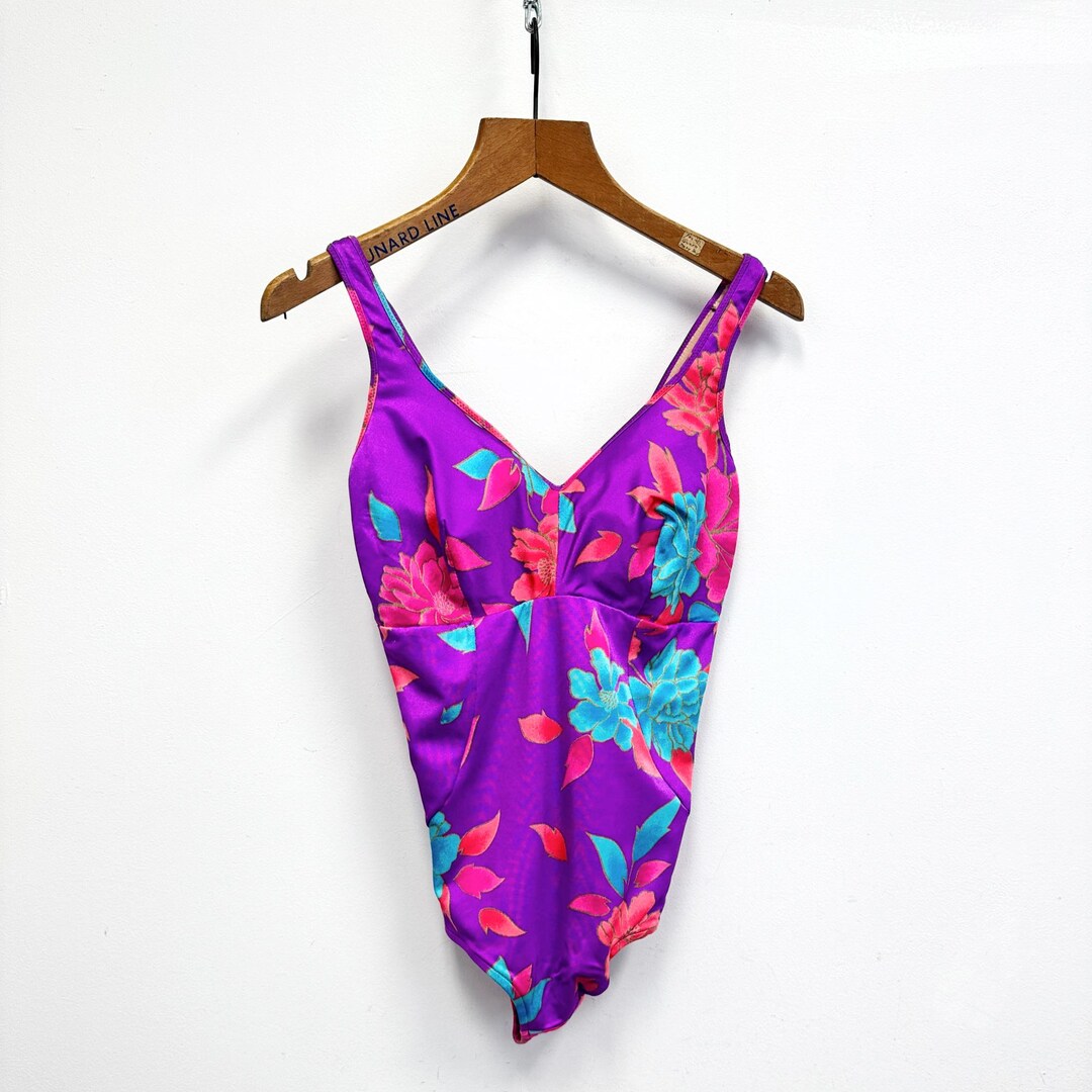 Vintage 70s Floral One Piece Bathing Suit | Purple Tropical Print, Size ...