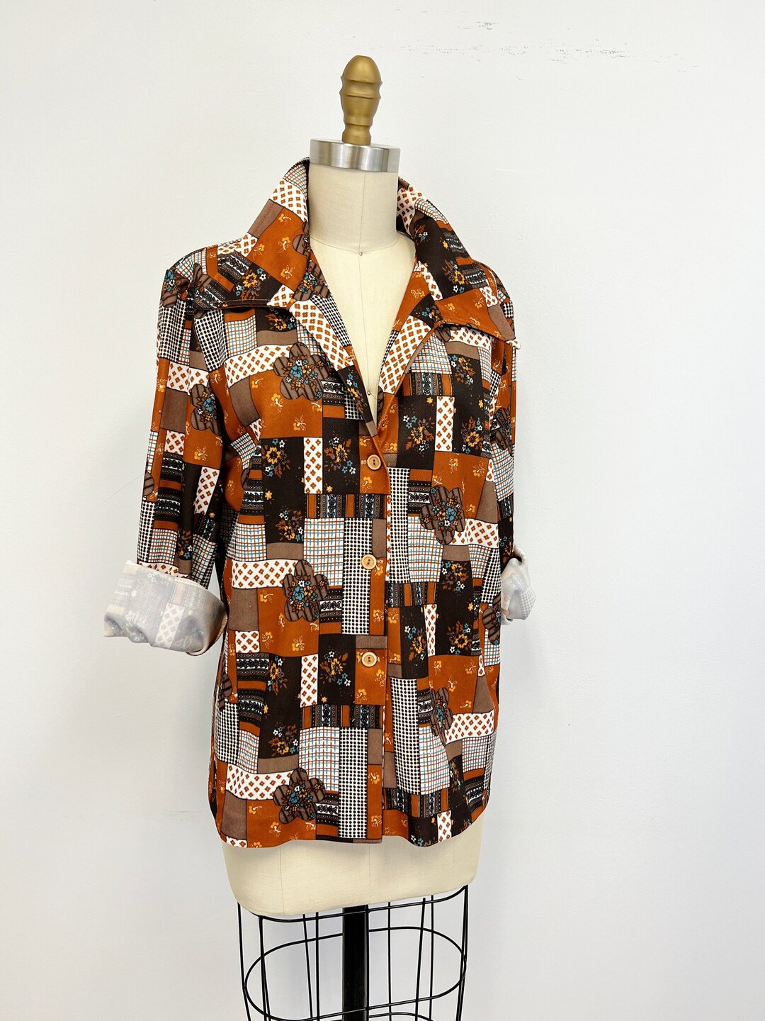 Vintage 1970s Patchwork Print Blouse Oversized Collar Button Down ...