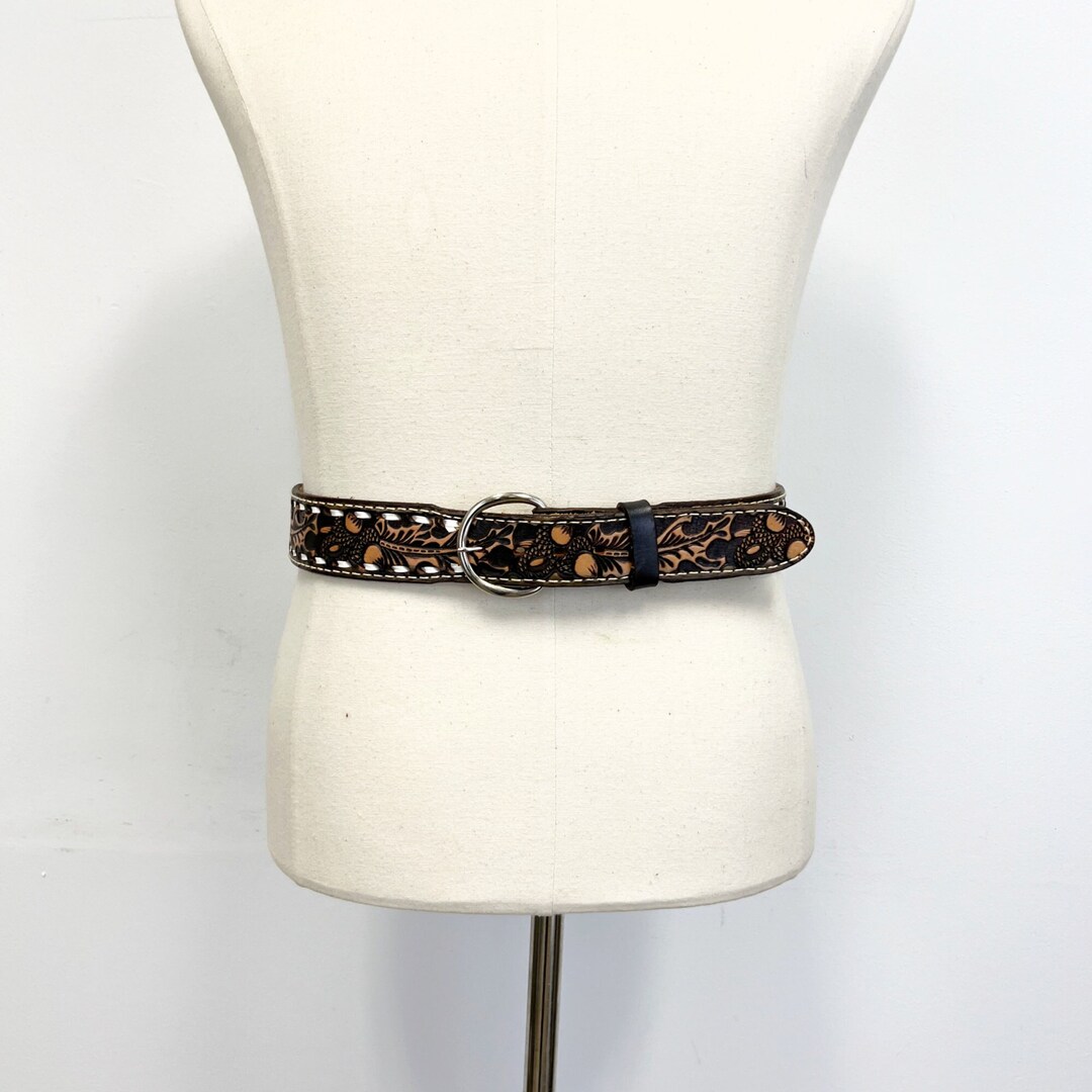 Vintage Tooled Leather Belt | 70s Mens Leather Belt With Acorns and ...