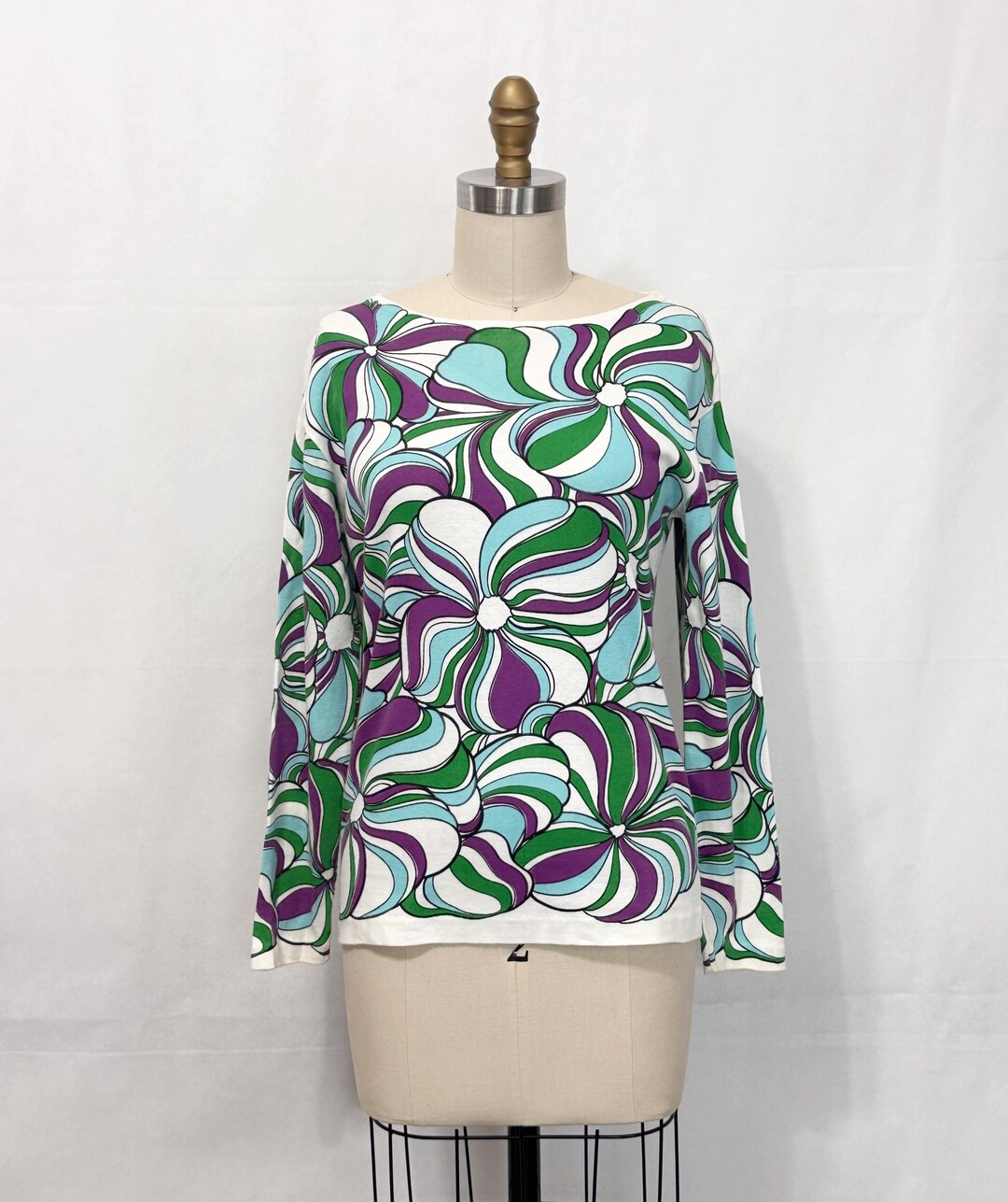 Vintage 60s Op Art Floral Top | Long Sleeve Shirt, Size Small - Etsy