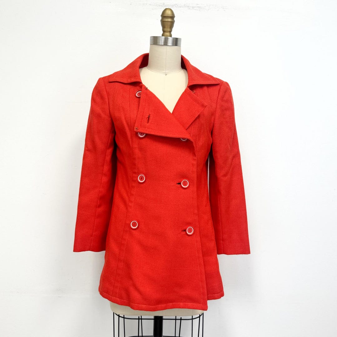Vintage 60s Mod Jacket Orange Linen Slightly Fitted Pea Coat Size Small ...