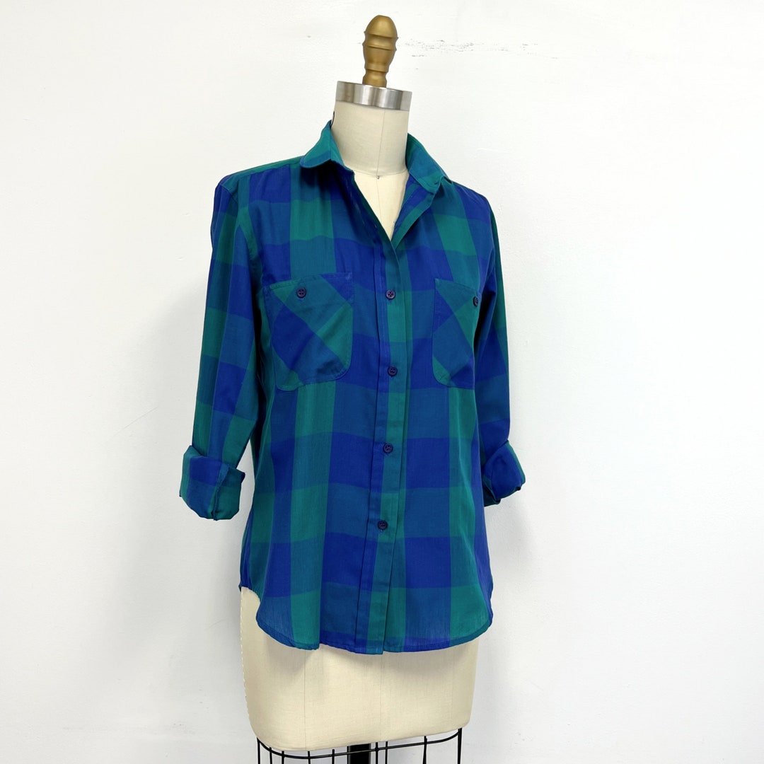 Vintage 80s Blue & Green Buffalo Plaid Shirt | Peter Pan Collar, Size ...
