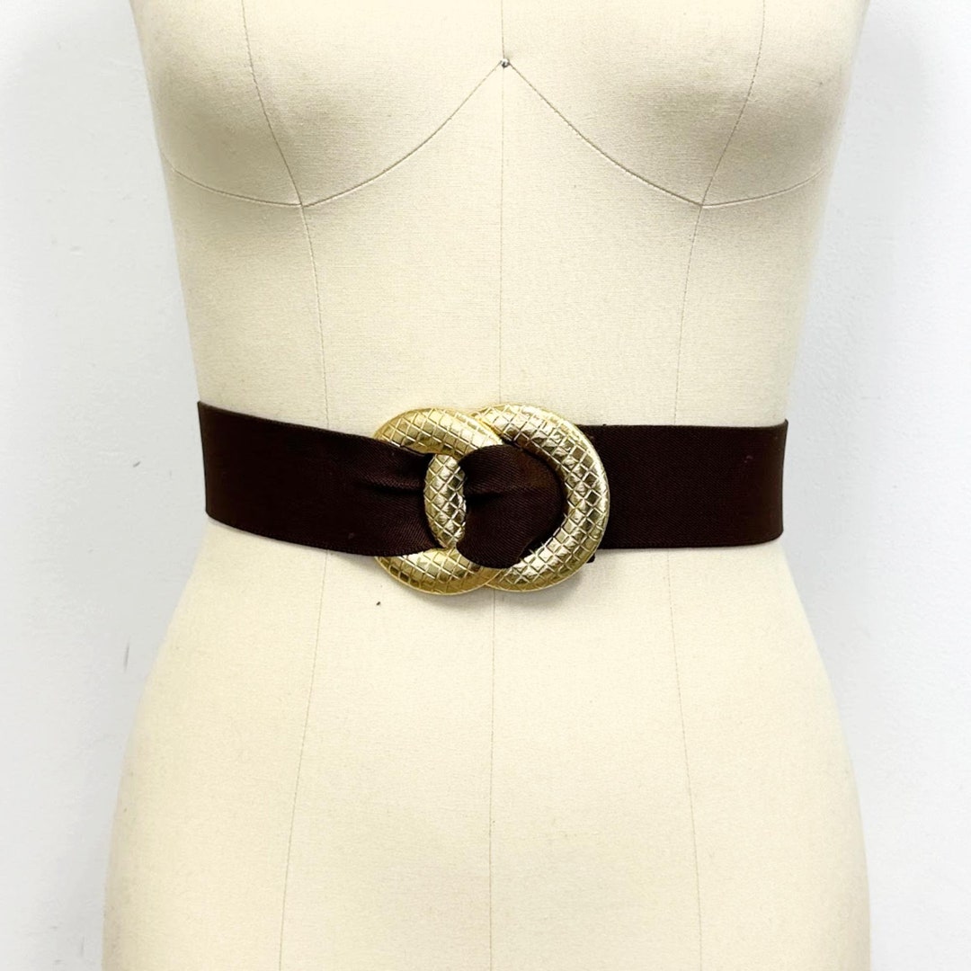 Vintage 70s Stretchy Belt | Quilted Gold Metal Buckle With Brown ...