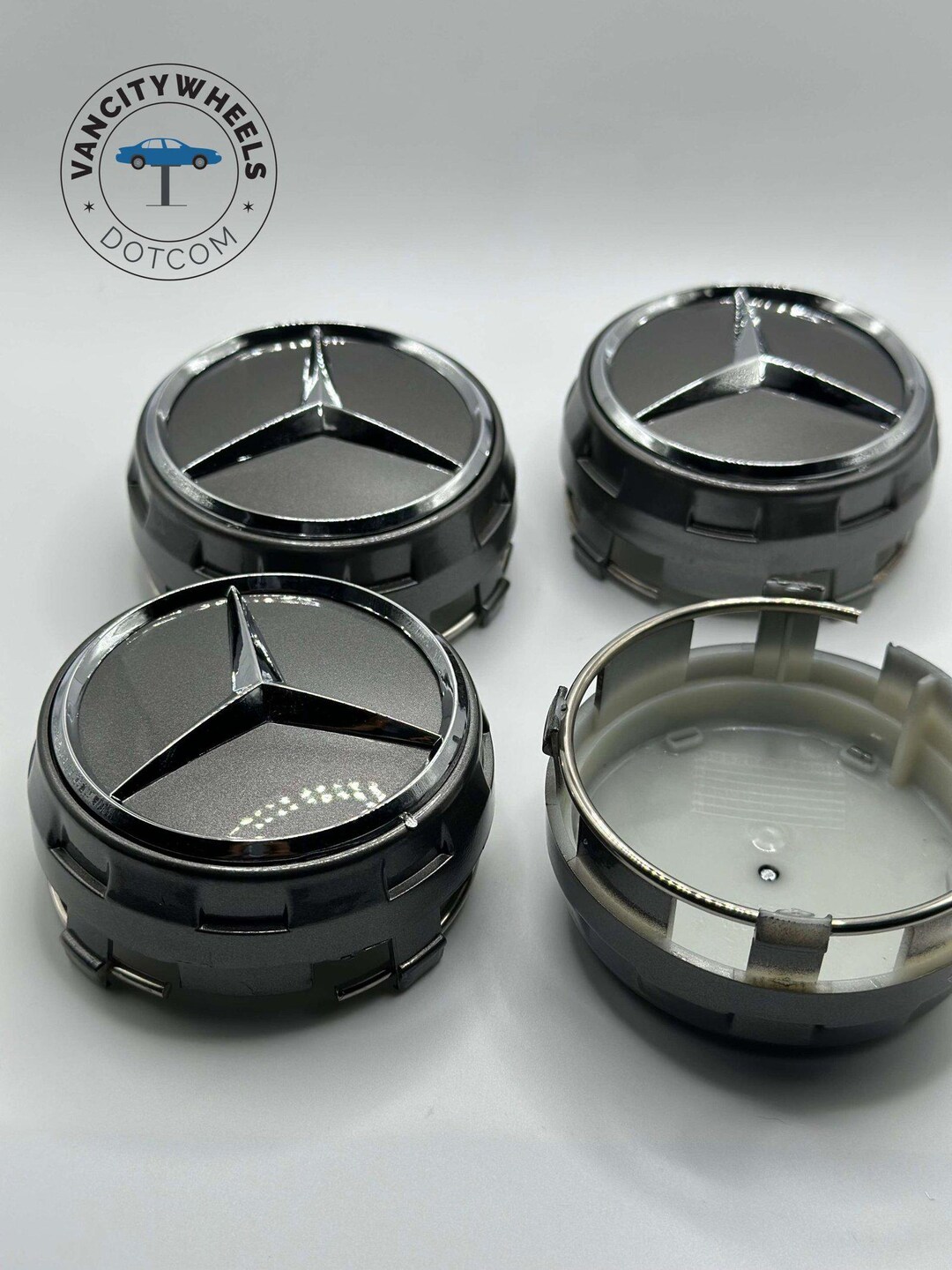 75mm Set of 4 Fits Mercedes Benz Wheel Raised Center Caps Dark Grey ...